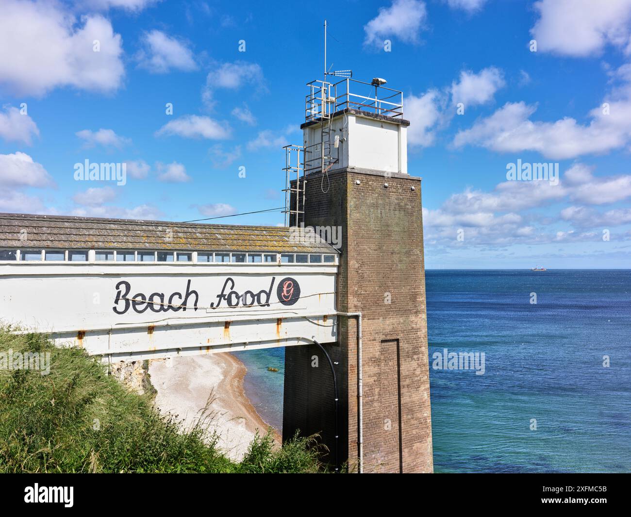 Tower lift at Marsden Grotto café on a beach at South Shields, England ...