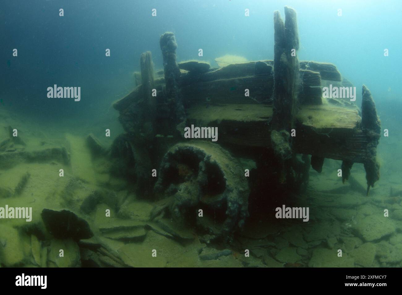 Mine cart in flooded slate quarry on Belnahua island. Scotland. 1996 ...
