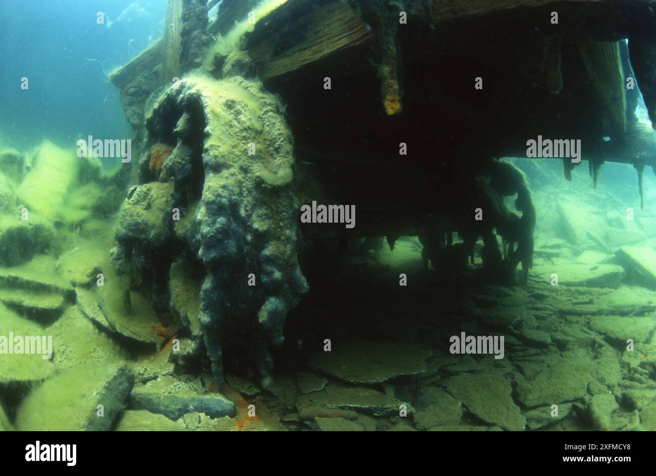 Mine cart in flooded slate quarry on Belnahua island. Scotland. 1996 ...