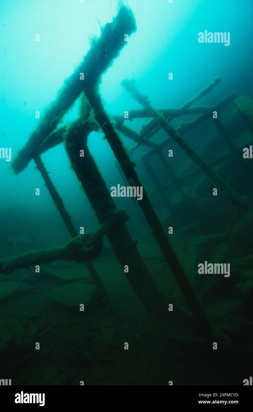 Lift construction in flooded slate quarry on Belnahua island. Scotland ...