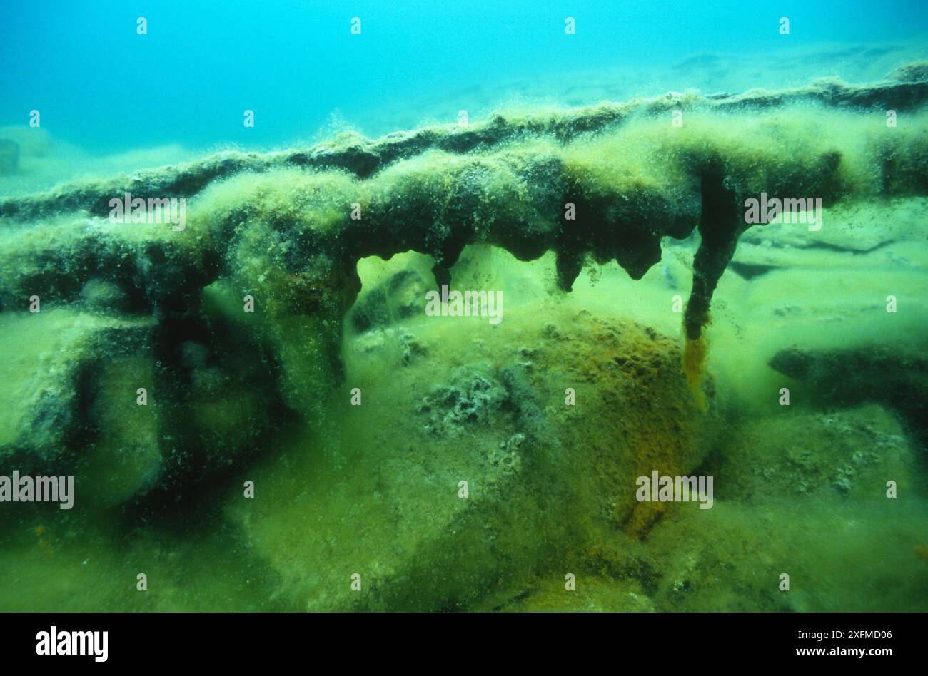 Algae on remains of constructions in flooded slate quarry on Belnahua ...