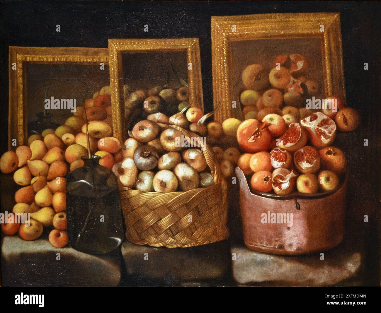 Still life with bottle, fruit, vegetables and three mirrors. Museum ...