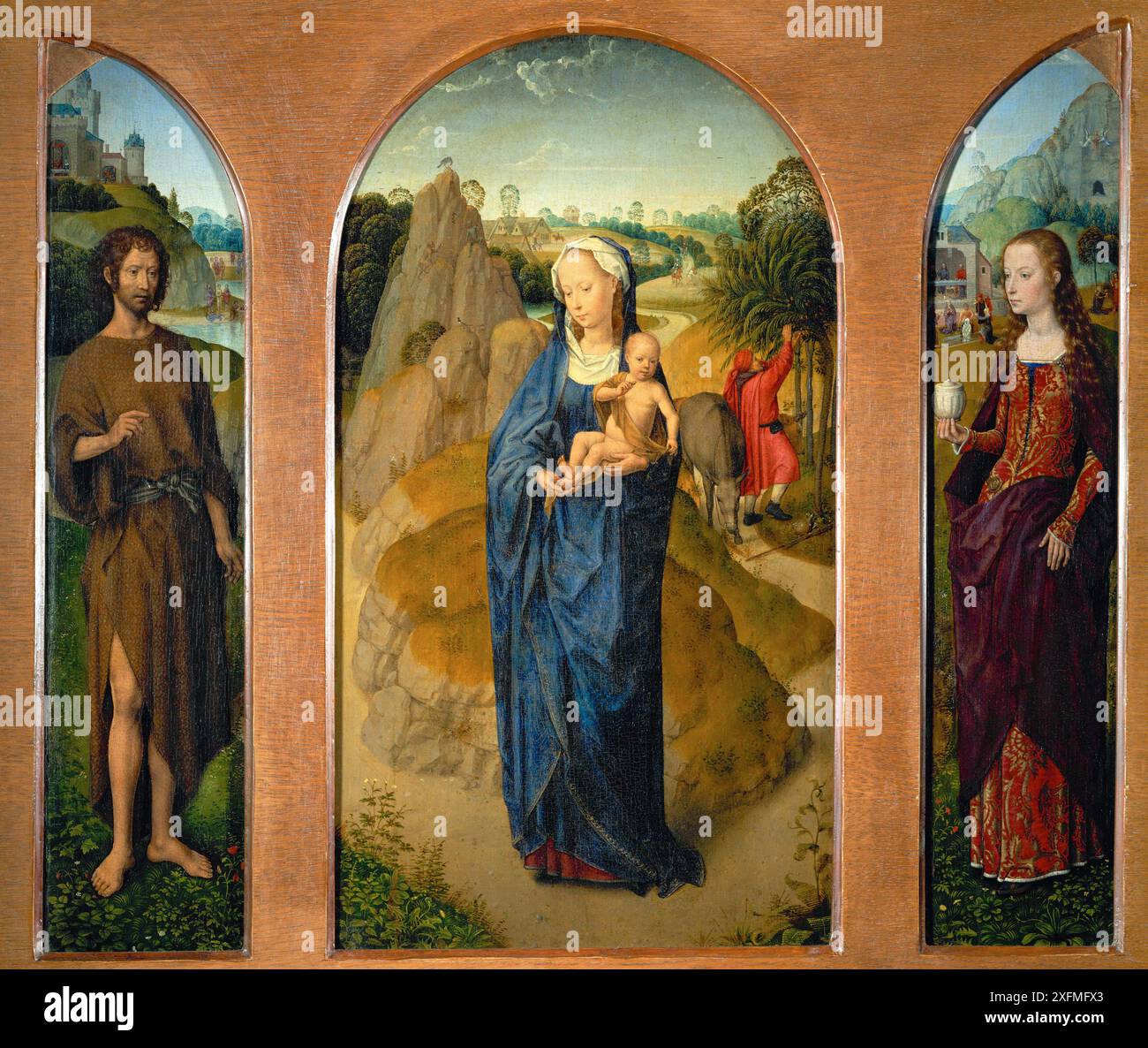 Triptych The Rest on The Flight into Egypt (central panel), Saint John the Baptist (left panel ...