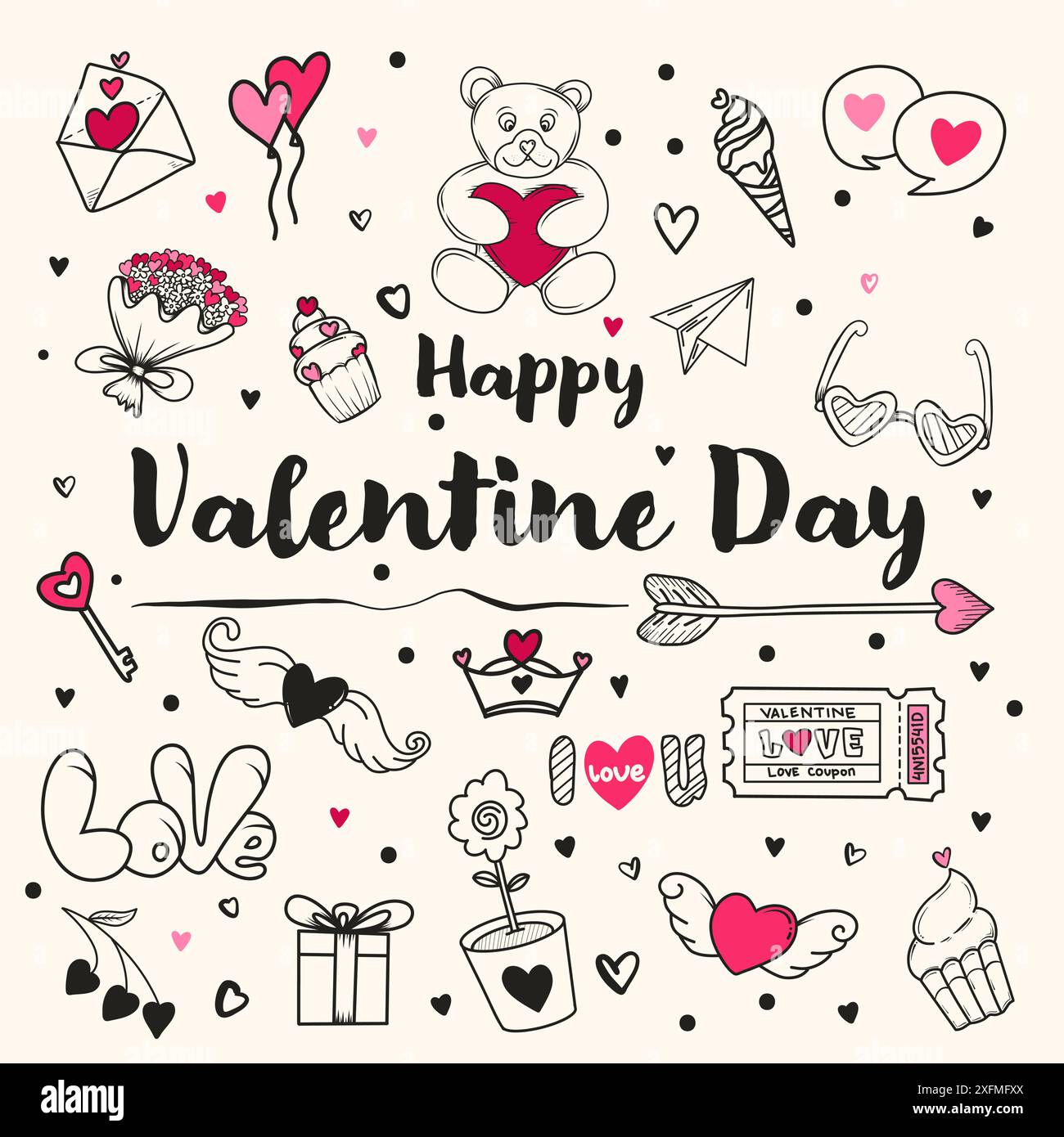 Hand drawn happy valentine day doodle cute elements Stock Vector Image ...