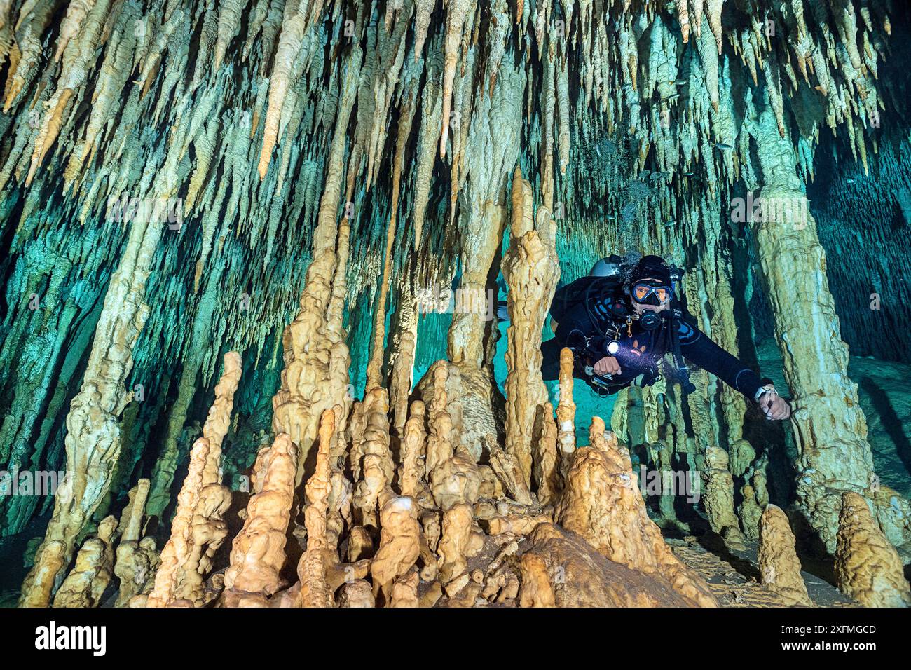 Diver swims between impressive speleothem formations, including ...