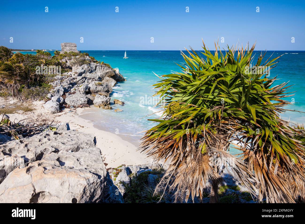 Coast off the pre-Columbian Mayan walled city, Tulum, with Temple of ...