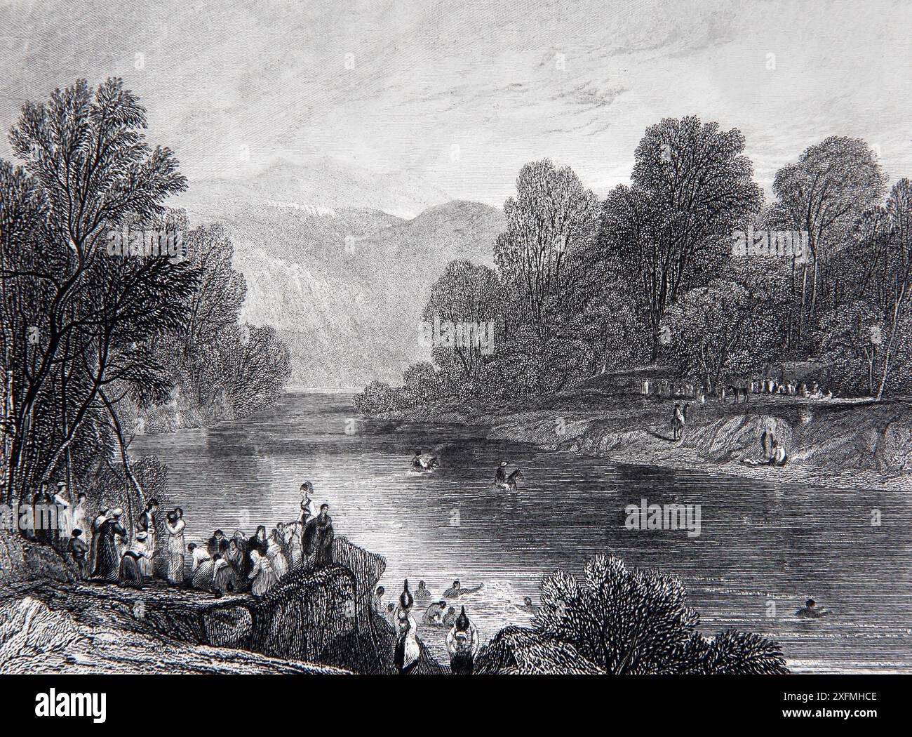 Engraving of the Fords of Jordan River where Joshua and The Israelites ...