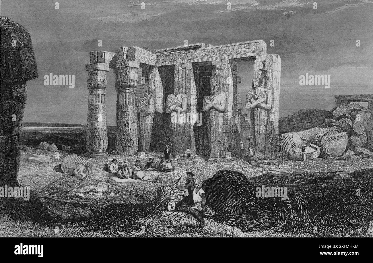 19th Century Engraving The Temple and Broken Statue of Memnon in Thebes ...