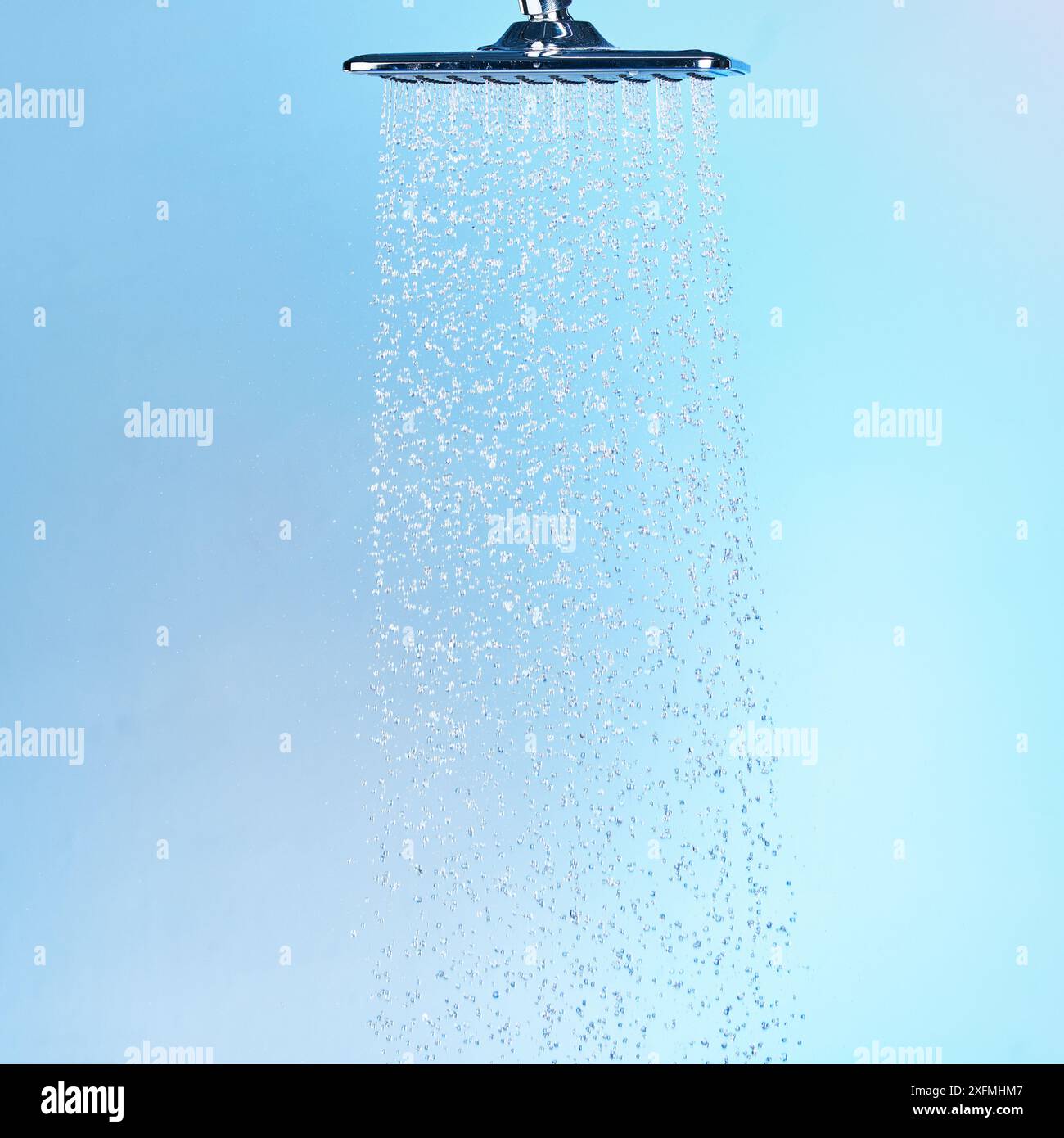 Water, running and shower head in studio, skincare and morning routine ...