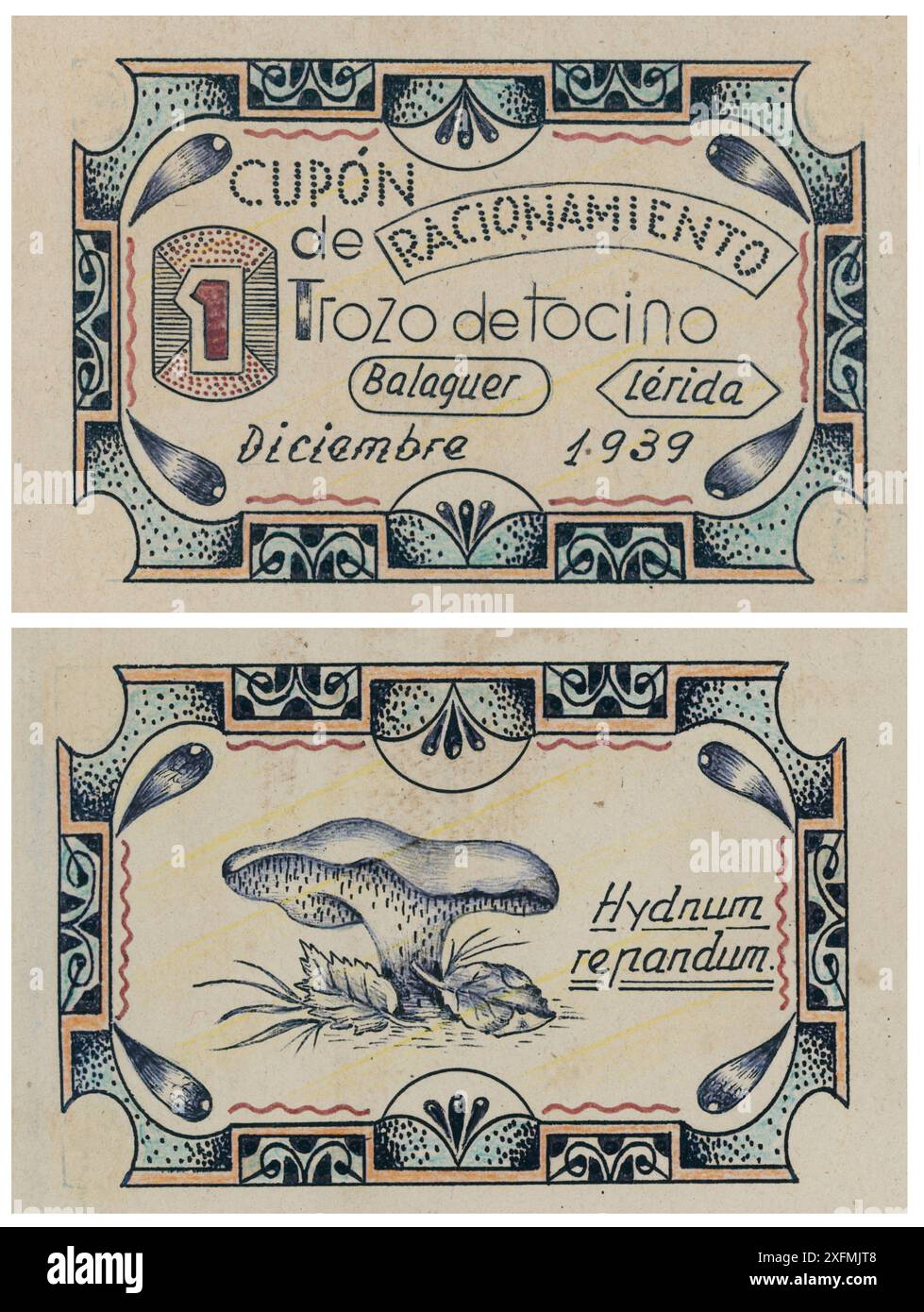 España. Cupón de racionamiento de un trozo de tocino, expedido en ...