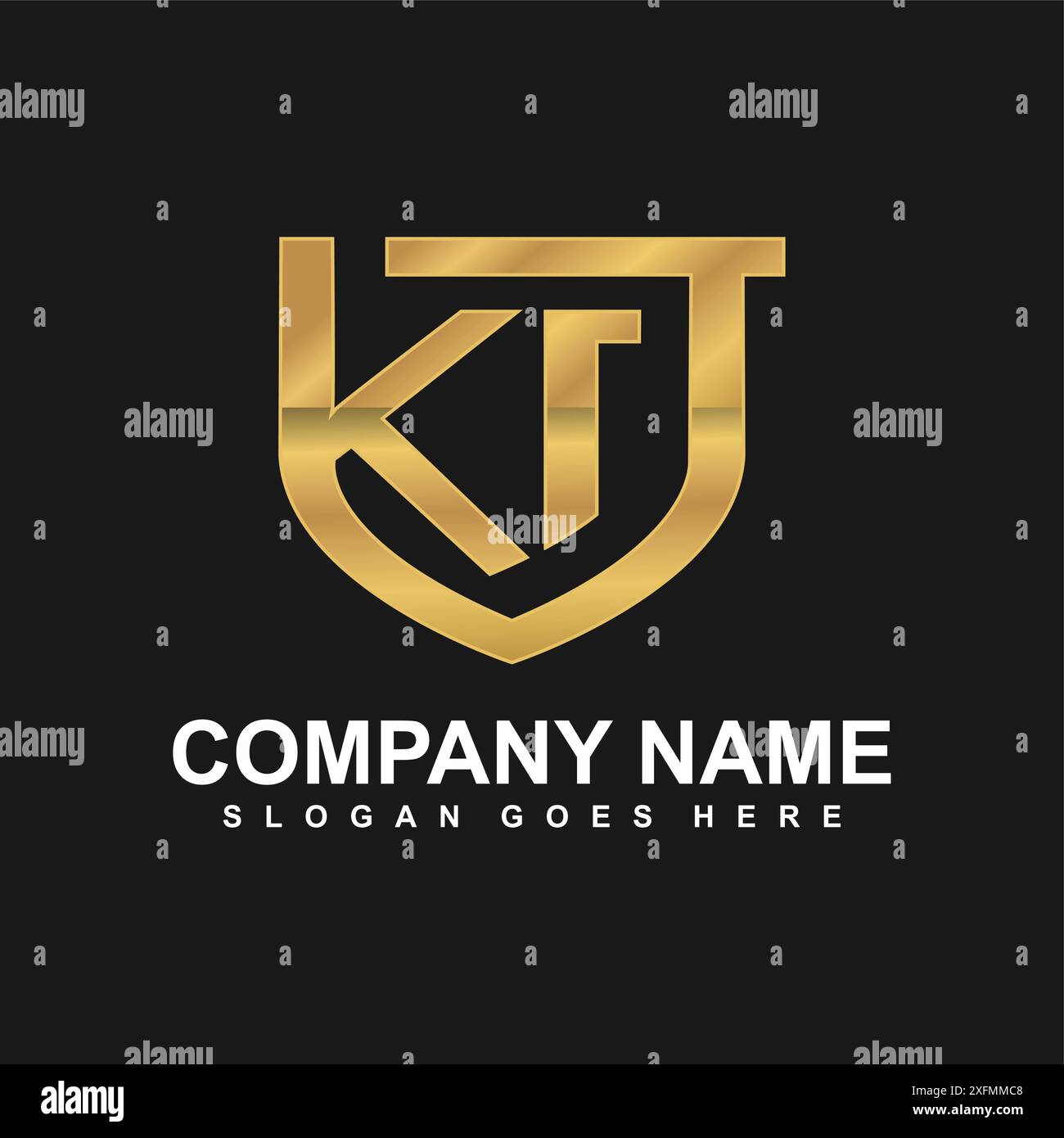 Initial logo letter KT with shield golden color isolated on black ...