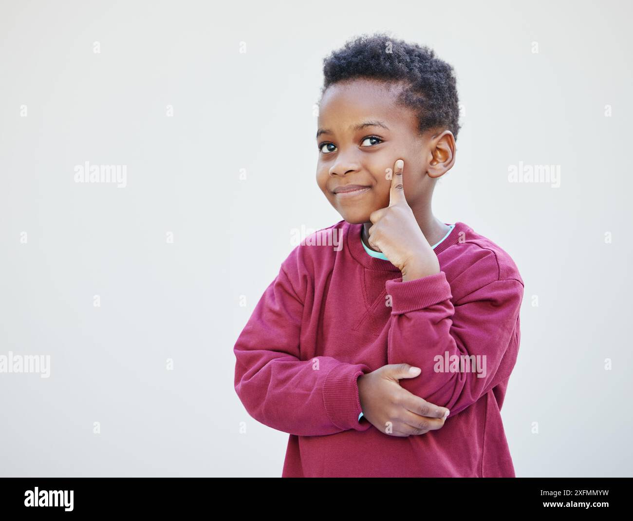 Studio, thinking and black child with smile, preschool and smart boy ...