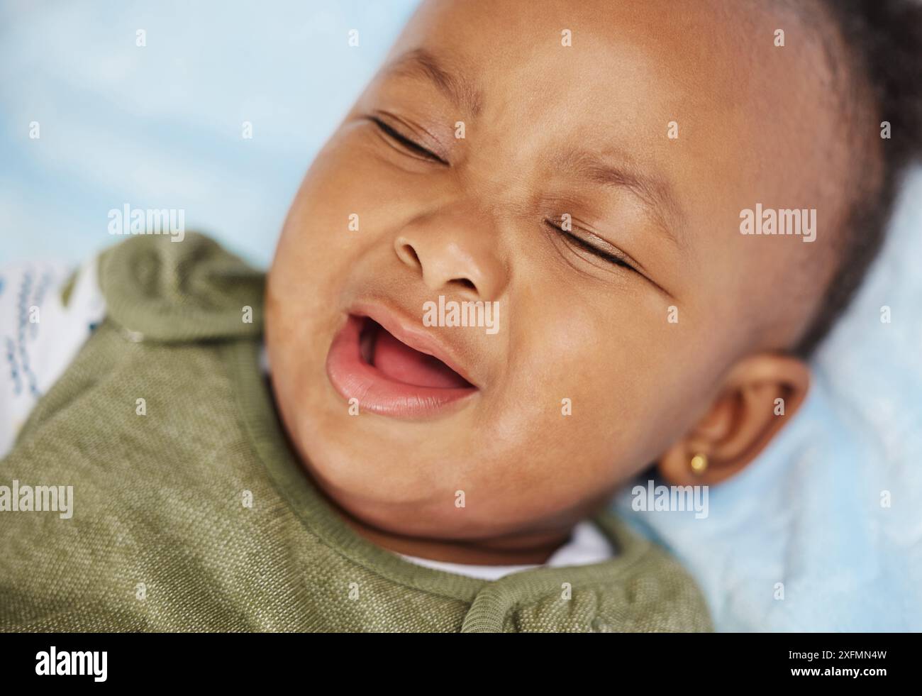 Black baby, crying and sad kid or girl in home, hungry and exhausted ...