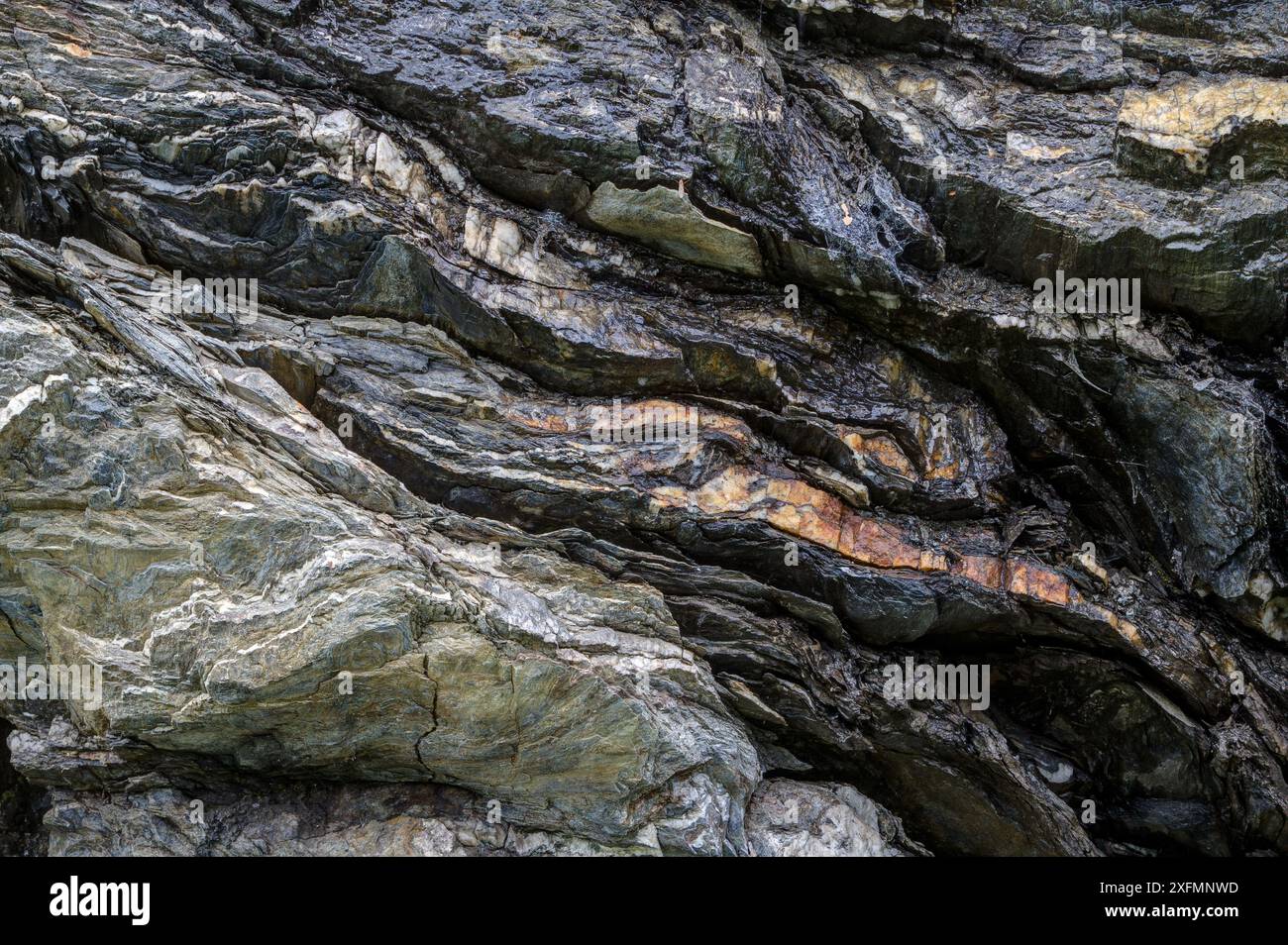 Contrasting black rock with bright yellow mineral inclusions. Ideal for ...