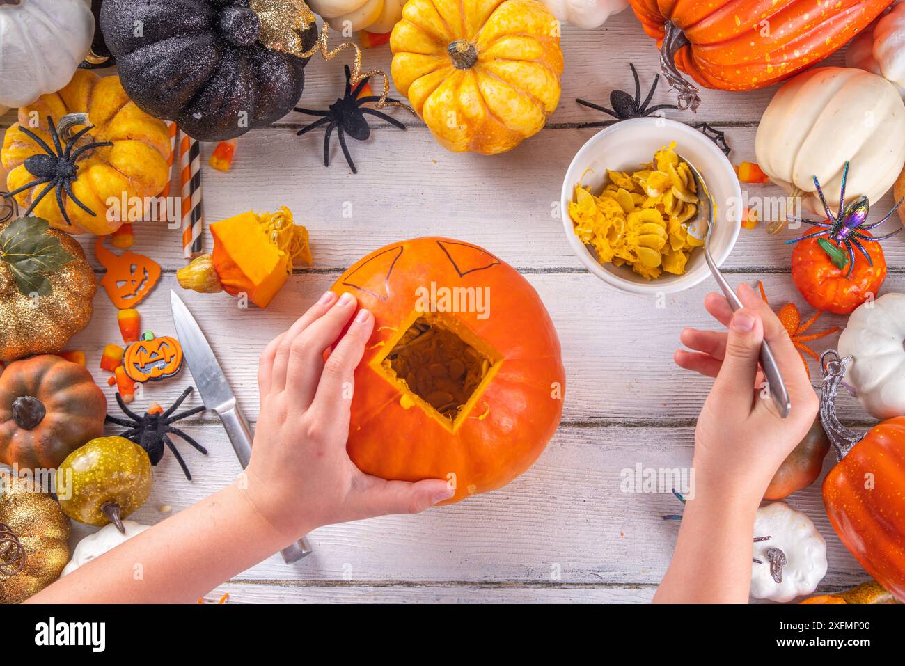 Preparation for Halloween with carving cutting pumpkin Jack Lantern ...