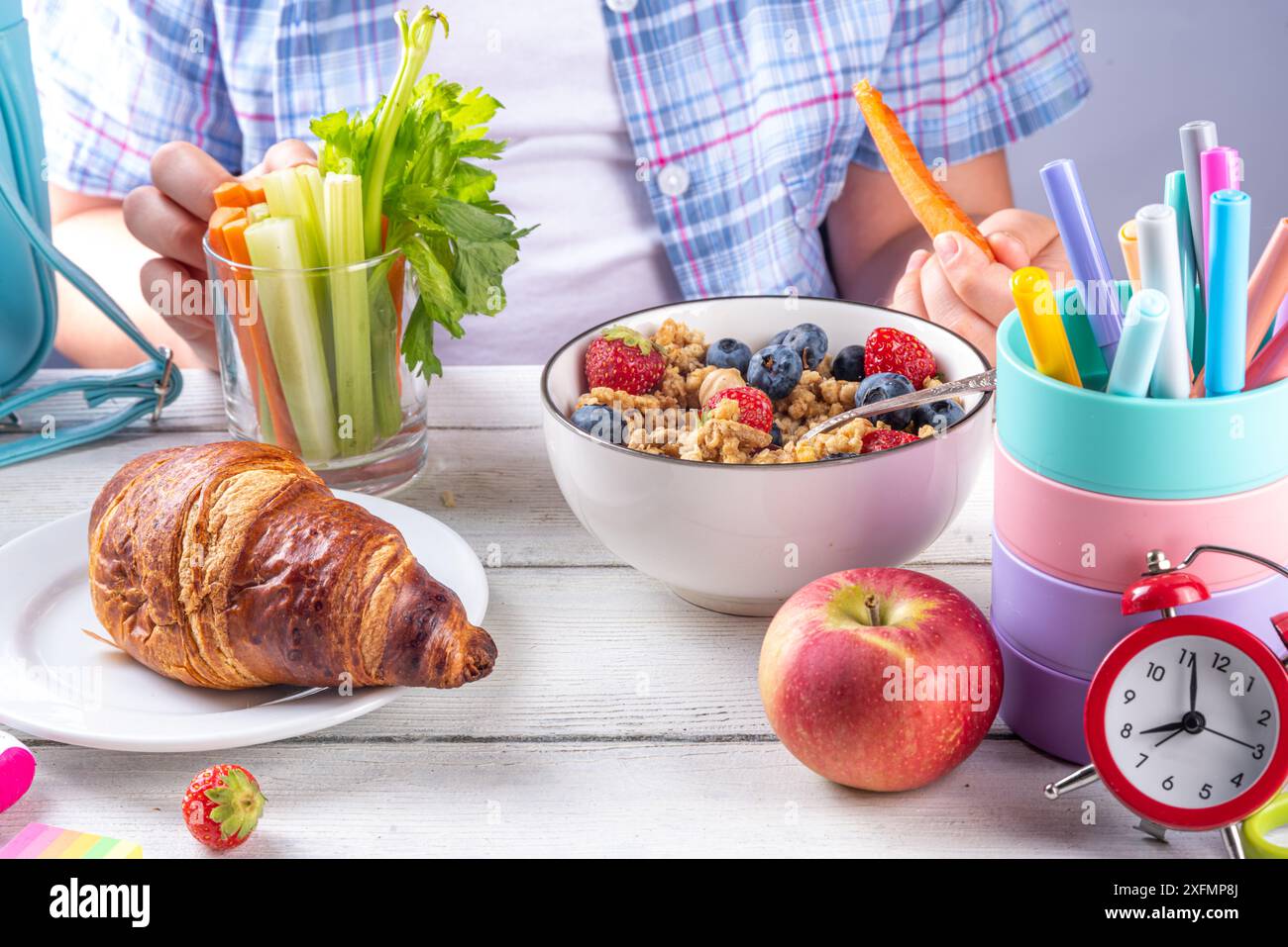 Healthy nutritious morning breakfast for school kids, with fresh fruits ...