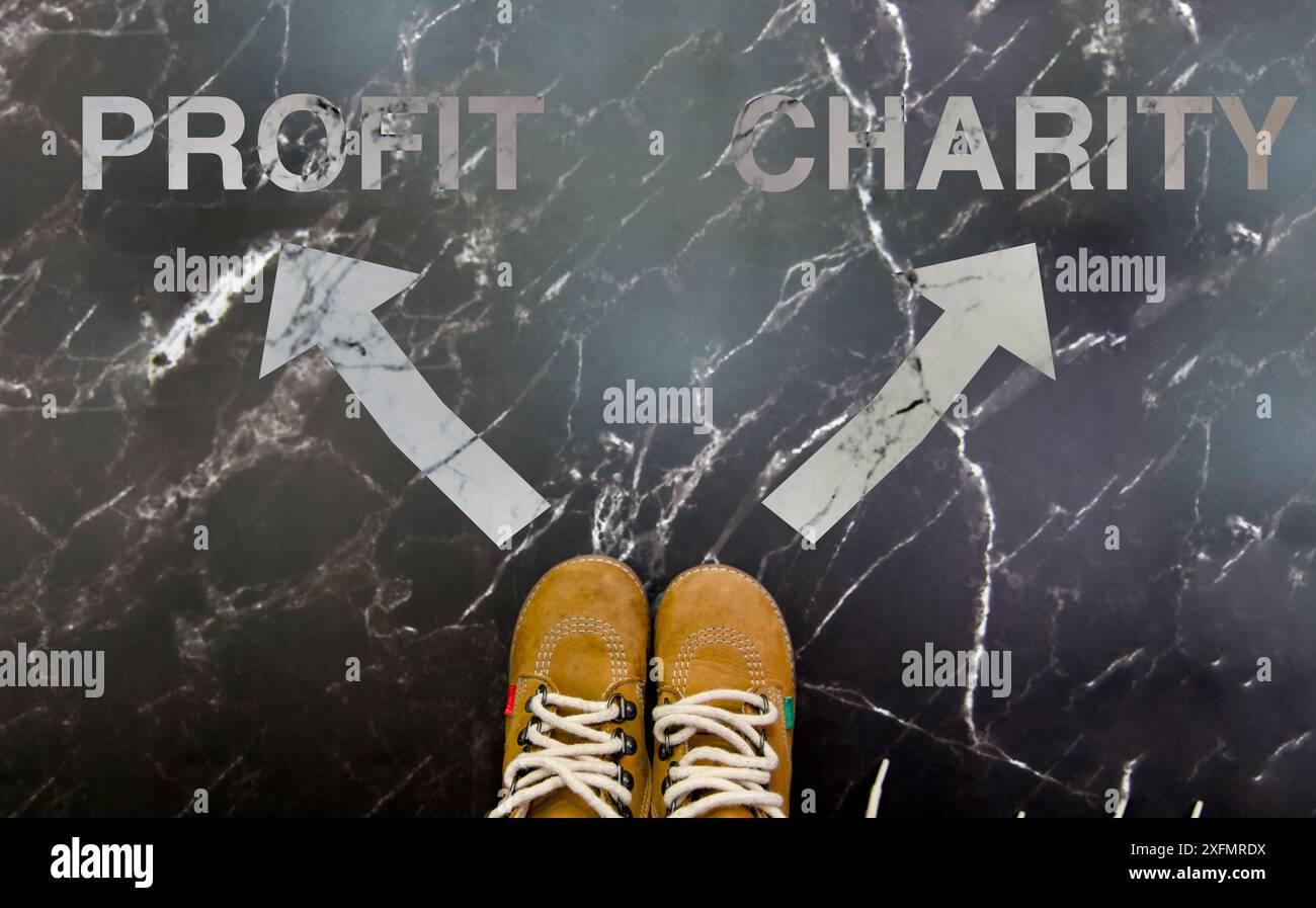 Top view of a person standing in front of arrows pointing to profit and ...