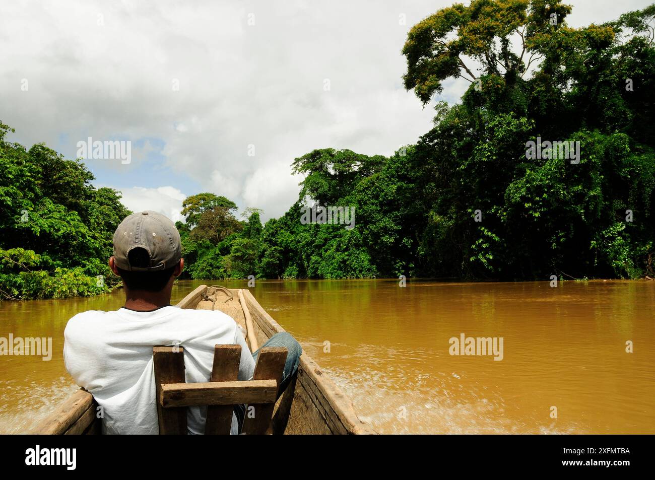 Man navigating canoe along rivers in Rio Platano Biosphere Reserve and ...