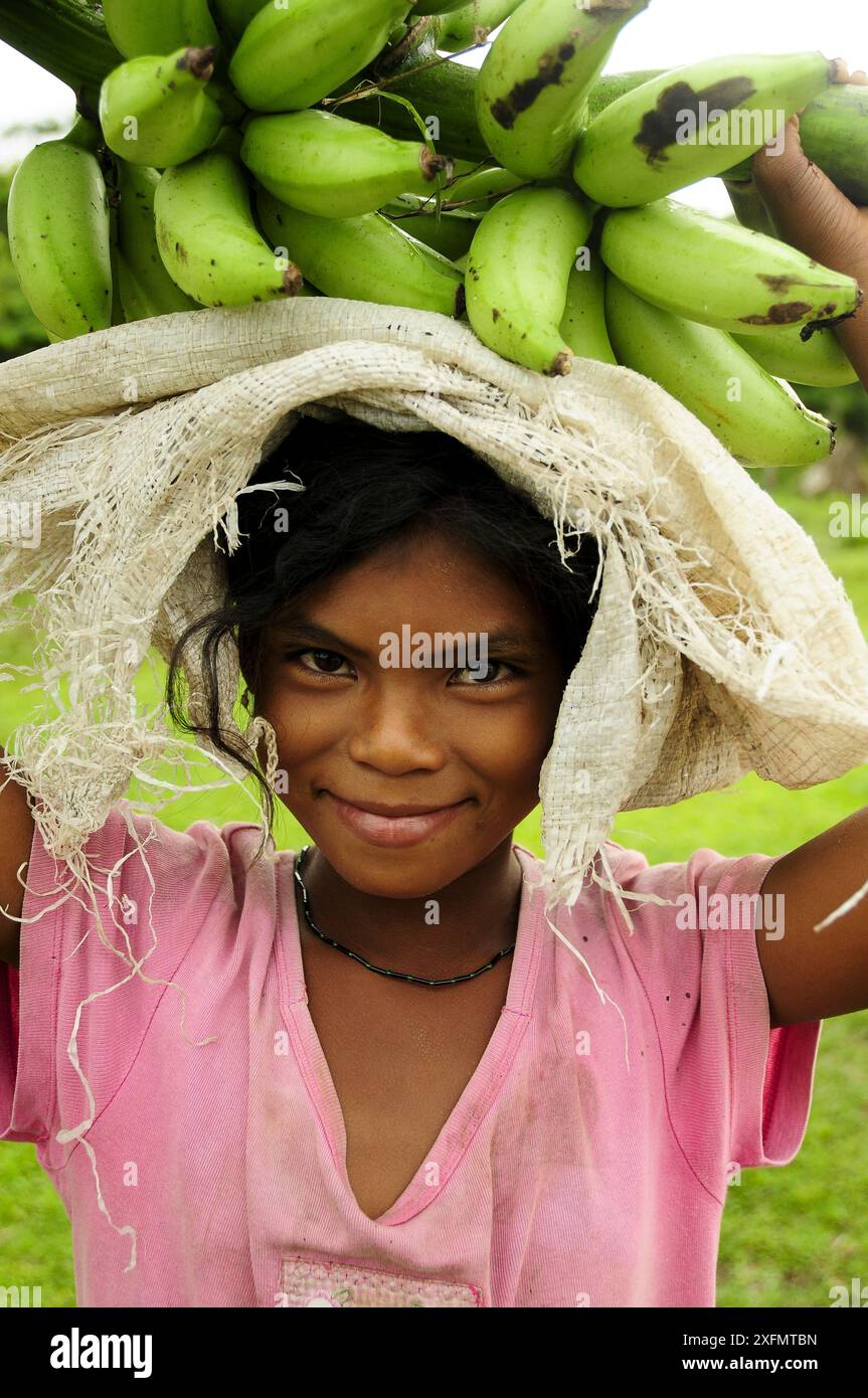 Honduran girl carrying bananas, Rio Platano Biosphere Reserve and ...