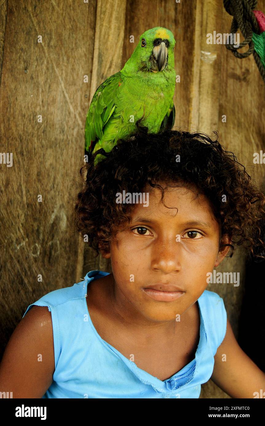 Girl with pet Yellow-naped parrot (Amazona auropalliata) perched on her ...