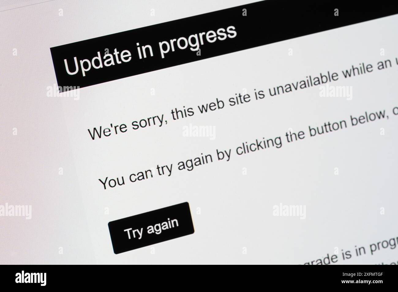 Website with a statement saying 'Update in progress', 'We're sorry this ...
