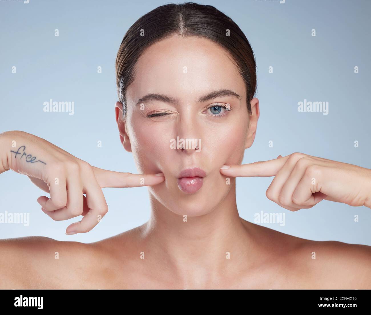 Woman, portrait and pout with cosmetics in studio and hyaluronic acid ...