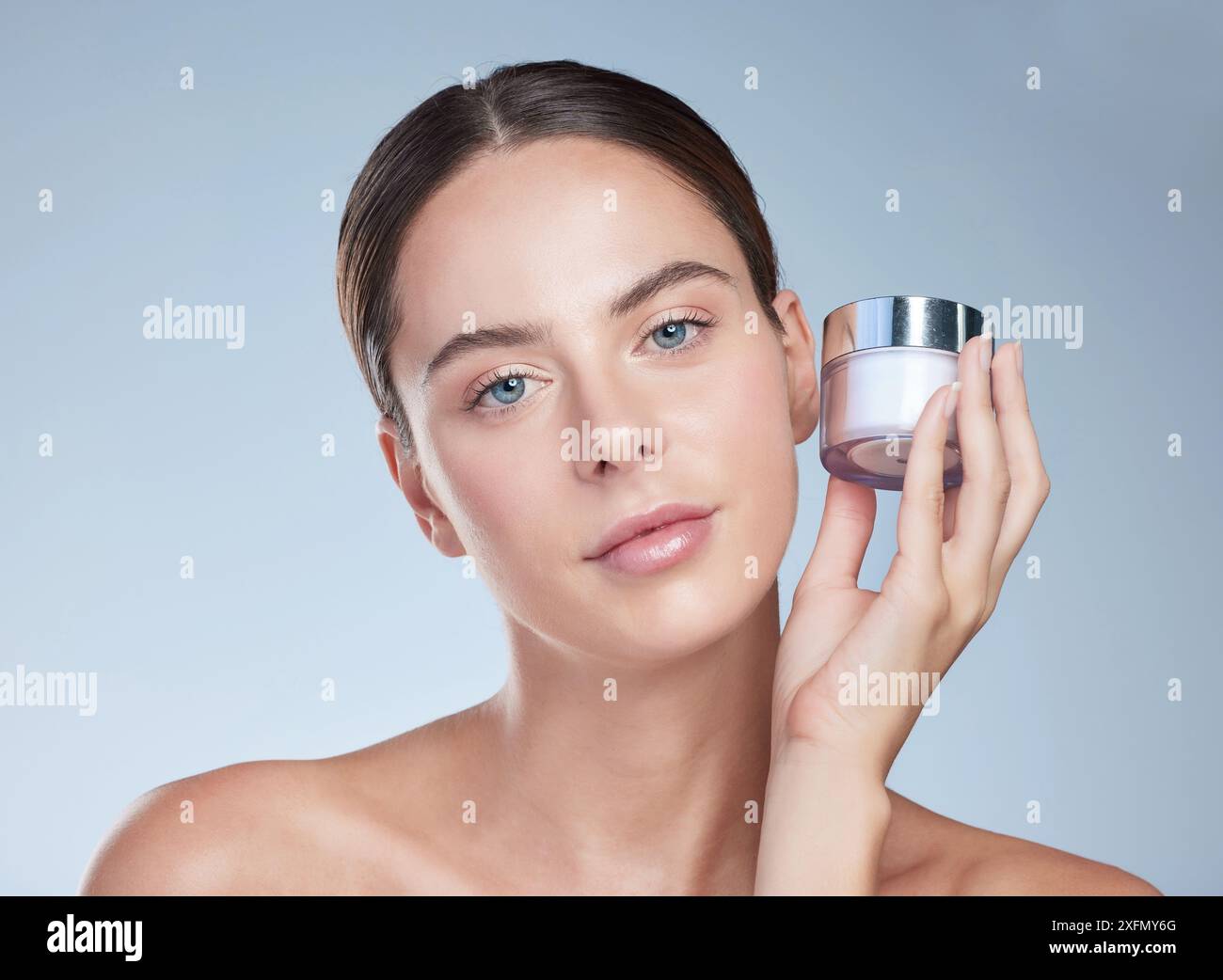 Portrait, woman and cream jar for skincare with natural shine, moisture ...