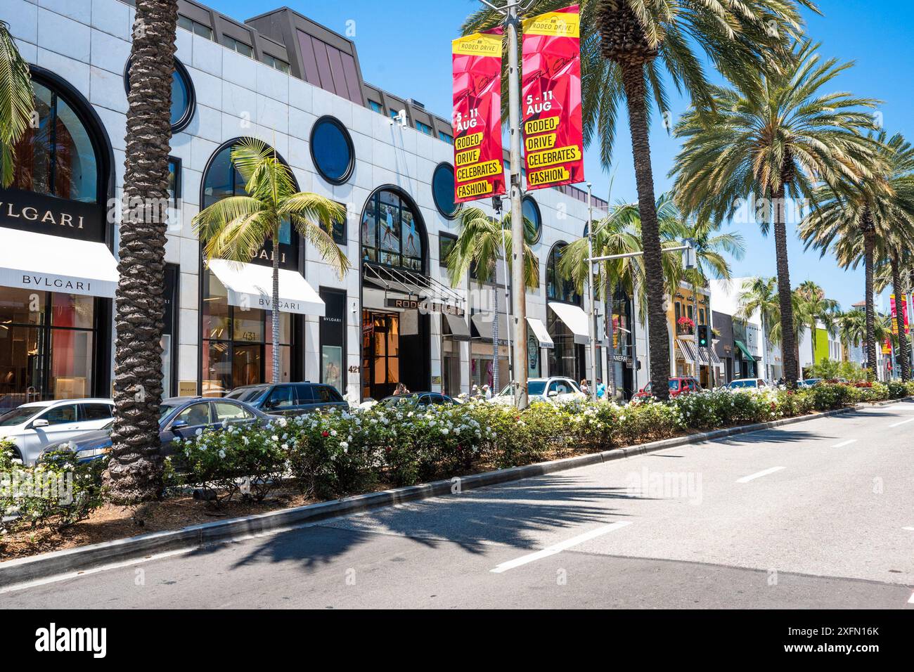 Street scene on Rodeo Drive in Beverly Hills California with people and ...