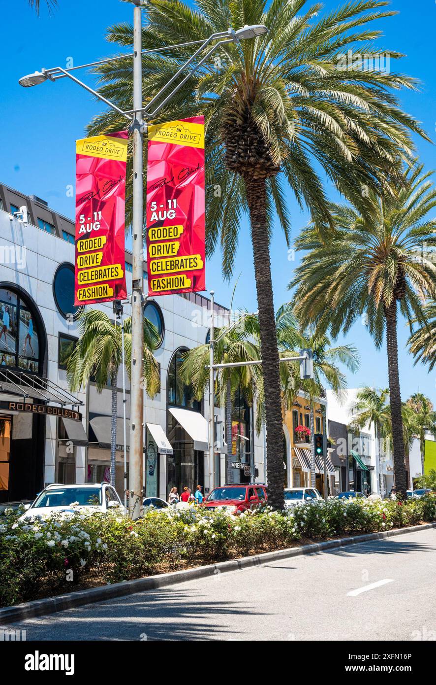 Street scene on Rodeo Drive in Beverly Hills California with people and ...