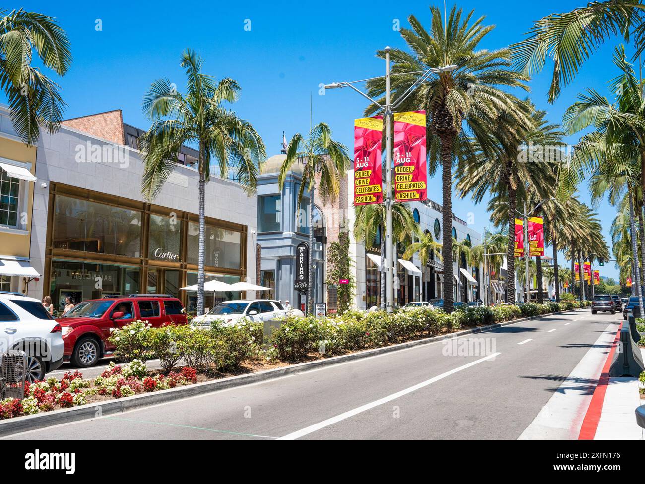 Street scene on Rodeo Drive in Beverly Hills California with people and ...
