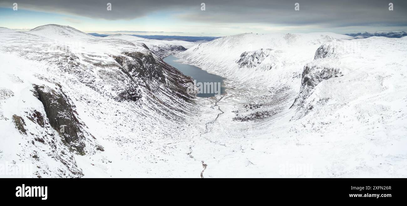 Aerial view of Loch Avon and surrounding mountains, Cairngorms National ...