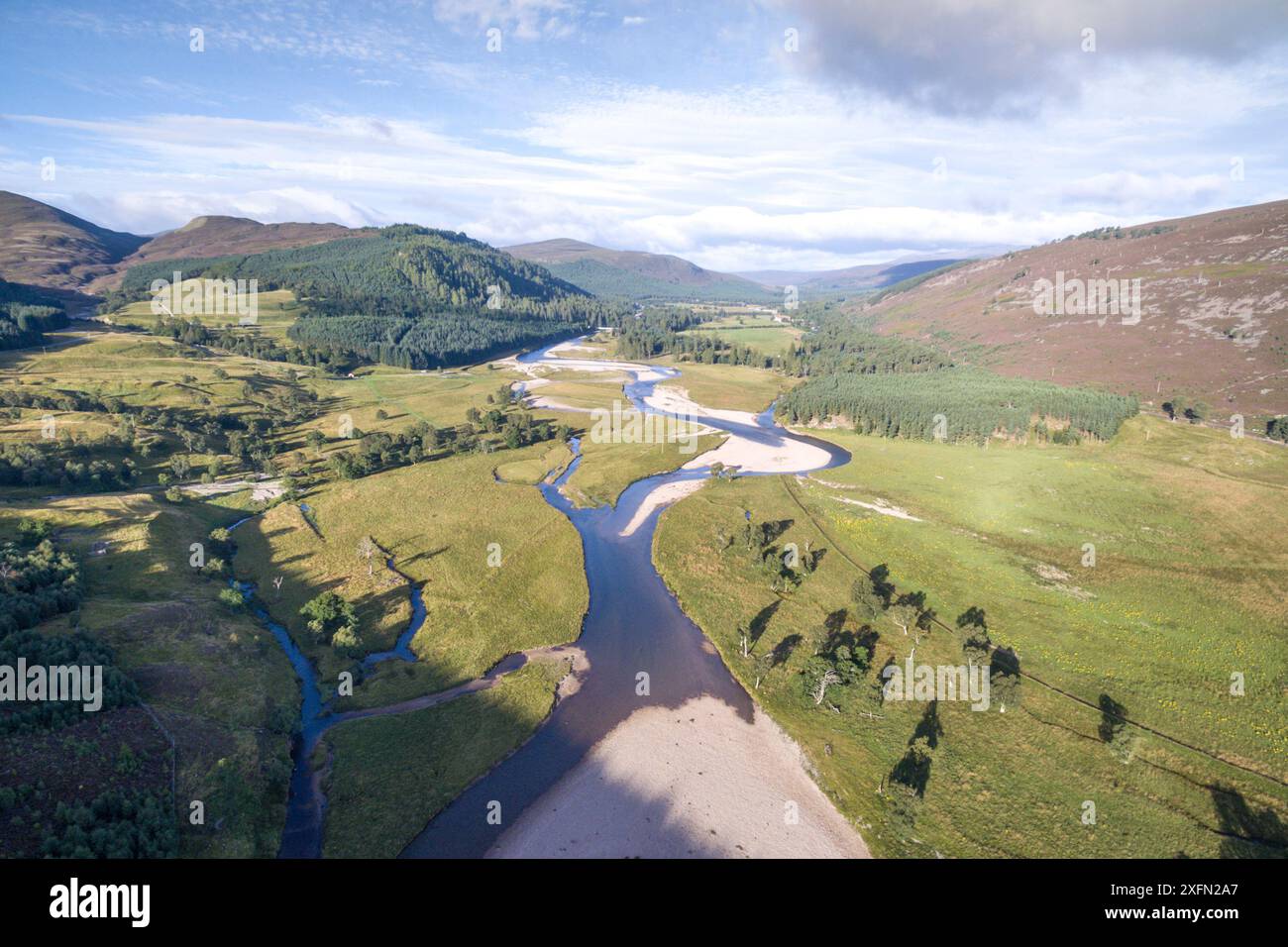 Patches of riparian growth alongside the River Dee, with Mar Lodge ...
