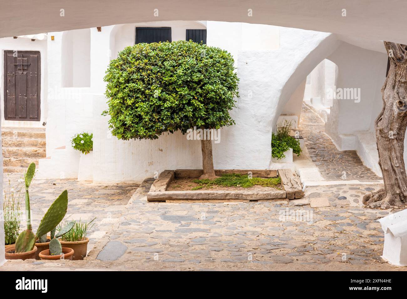 a narrow stone path between the white walls of the building, at the end ...