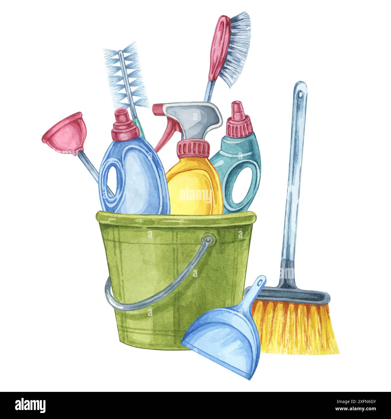 A green bucket with cleaning essentials like spray bottles, brushes ...