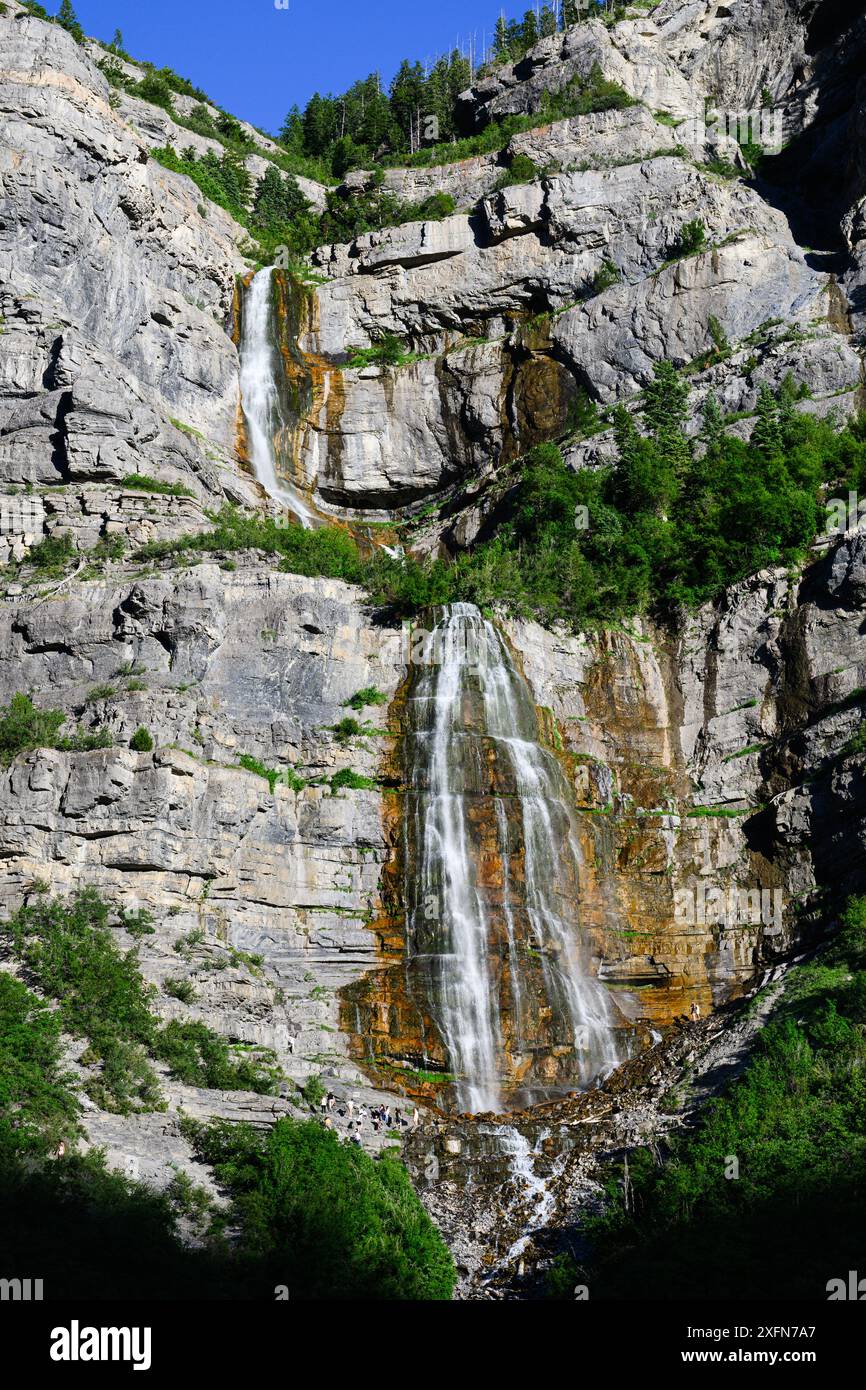 Bridal Veil Falls cascade over rocky ledge in scenic waterfall in Provo ...