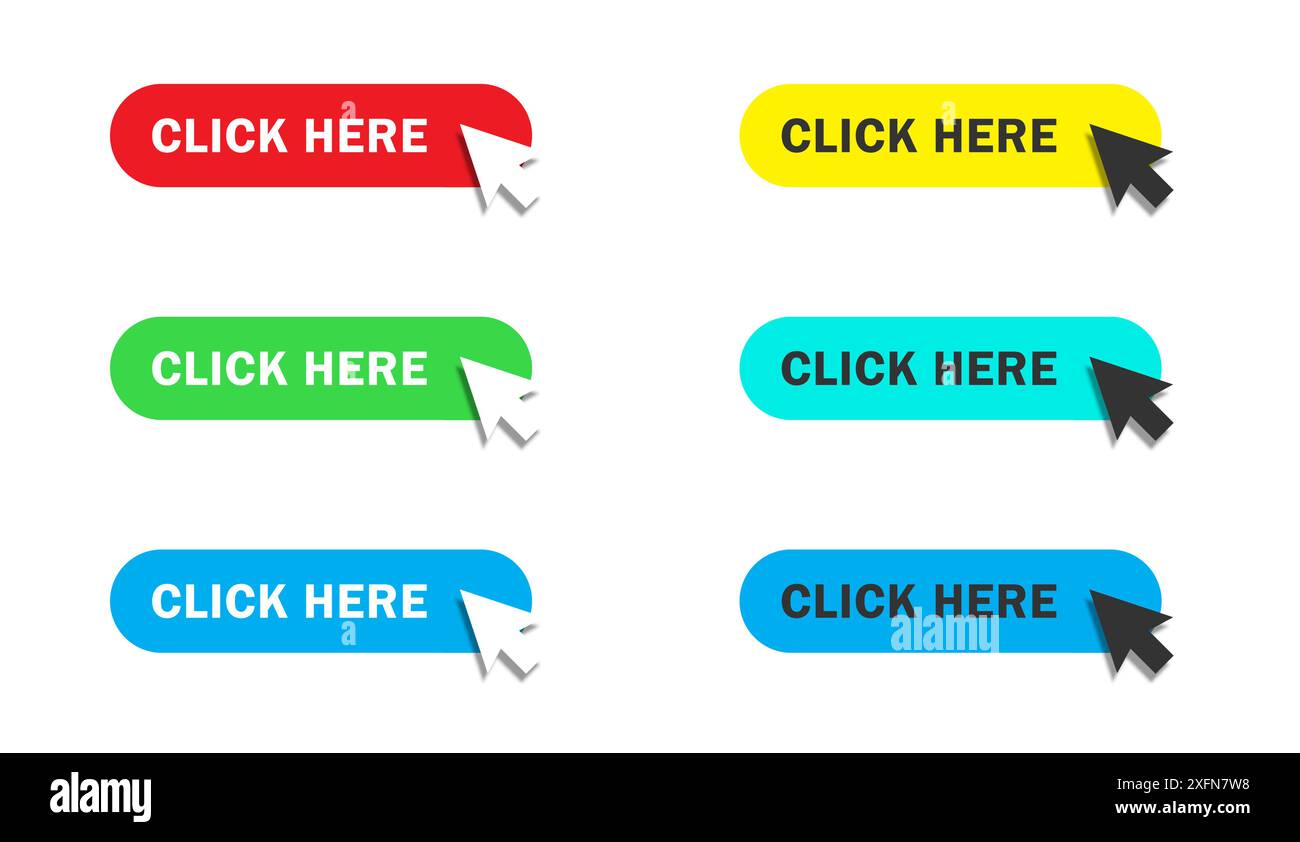 Click here button with arrow clicking icon. Mouse pointer. Flat vector illustration Stock Vector ...