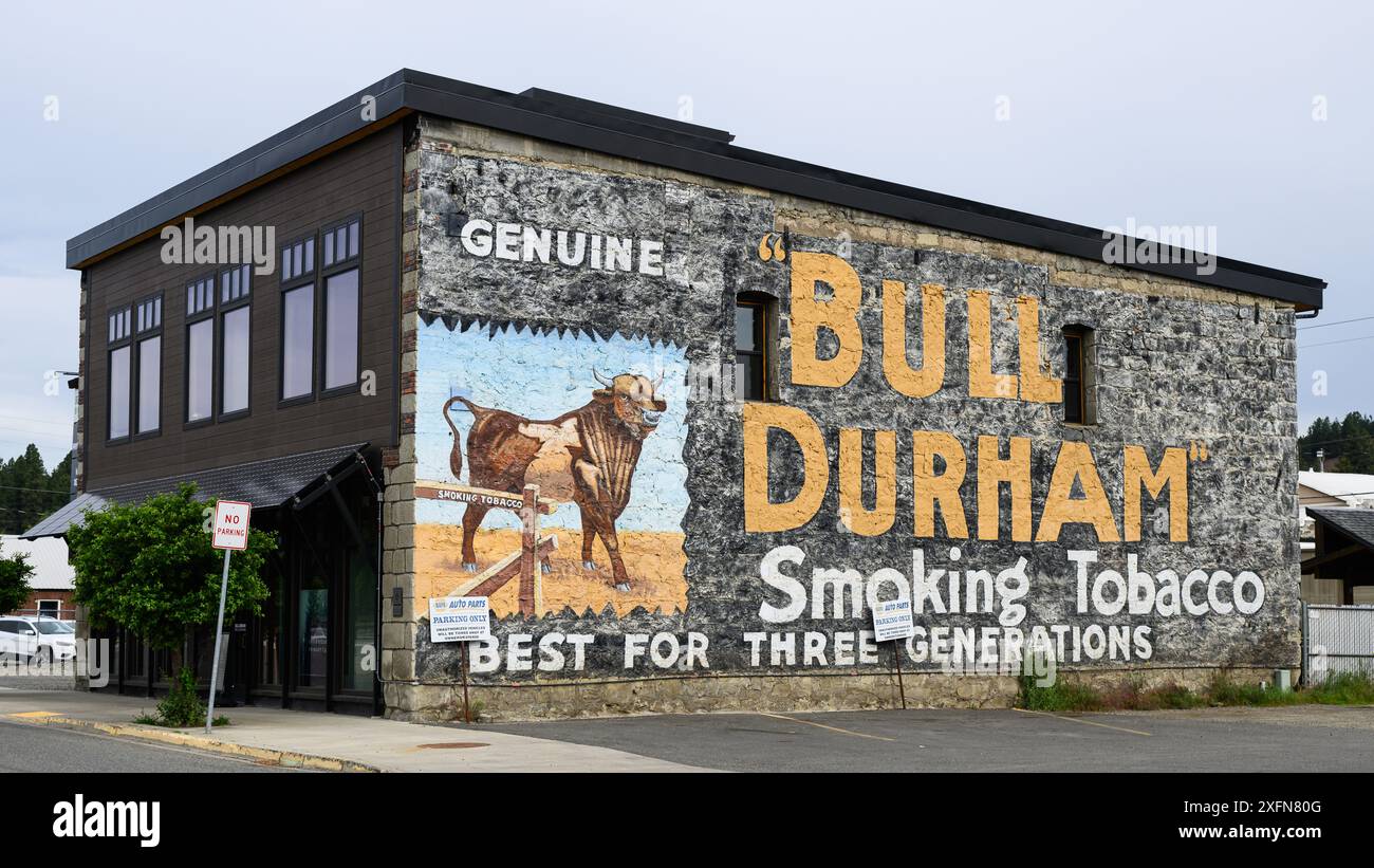 Cle Elum, WA, USA - June 9, 2024; Historic Bull Durham advertising ...