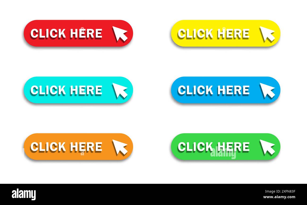 Click Here button set. Colored buttons with arrows. Flat vector illustration Stock Vector Image ...