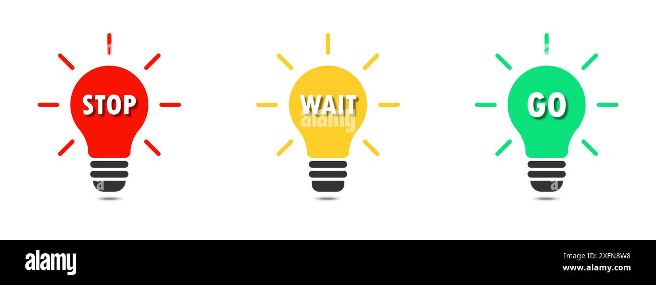 Stop, wait, and go color icons. Green Yellow and Red light bulbs with ...