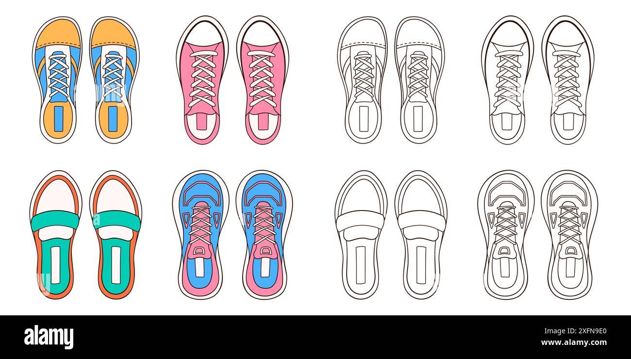 Female, women sneakers set in cartoon style. Line art casual shoes icon ...