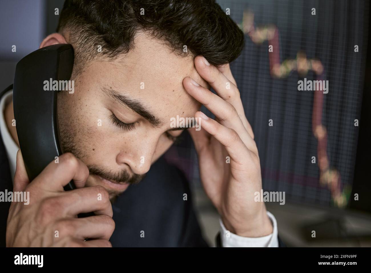 Stress, phone call and business man at desk for investment mistake ...