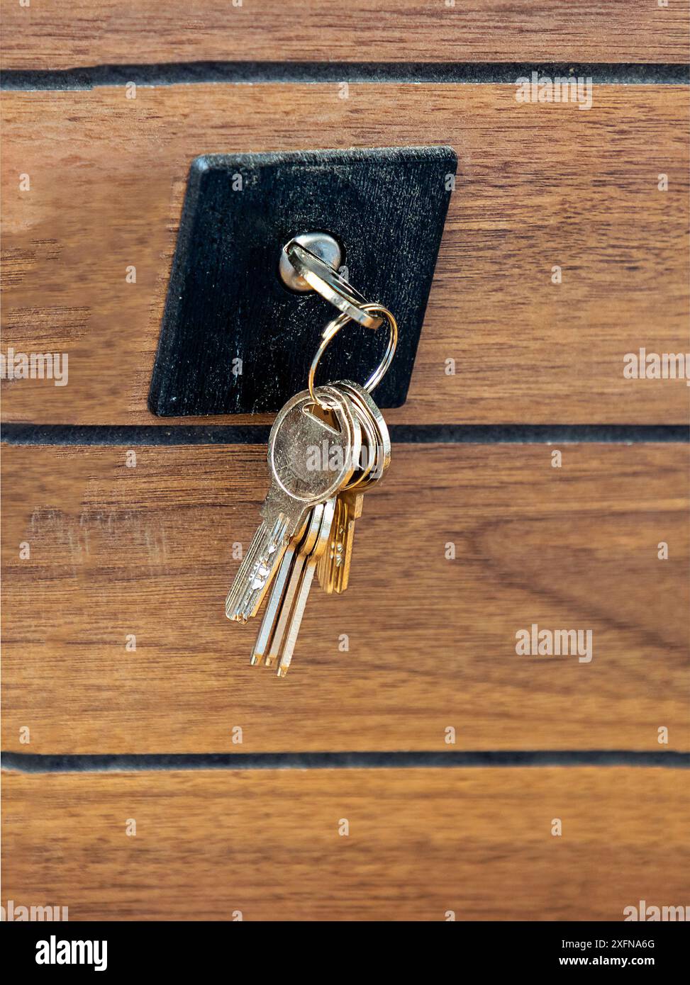 Modern keys on a door inside key hole Stock Photo - Alamy
