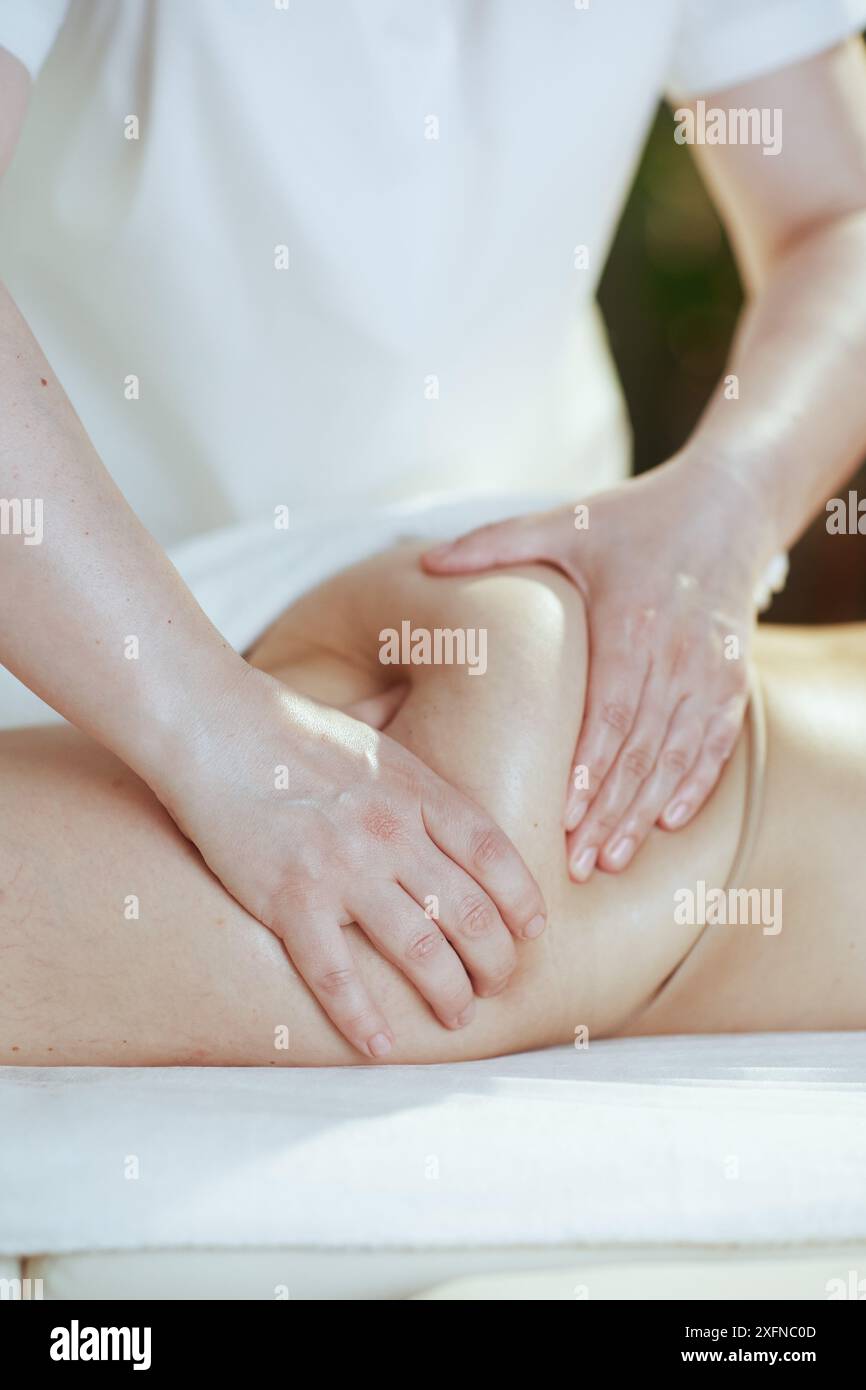 Healthcare time. Closeup on medical massage therapist in spa salon massaging clients buttocks ...