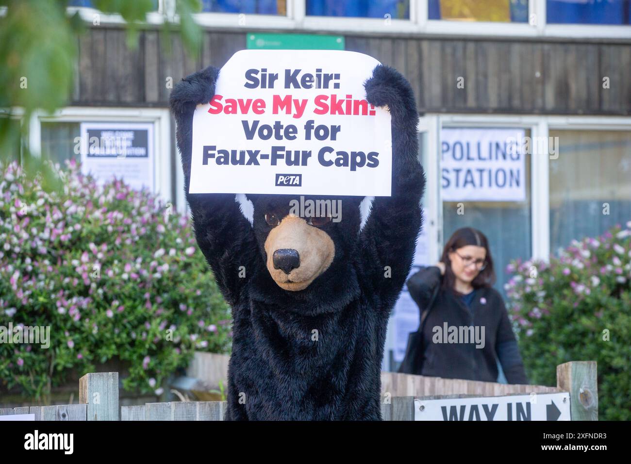 London, England, UK. 4th July, 2024. A PETA protester in bear costume ...