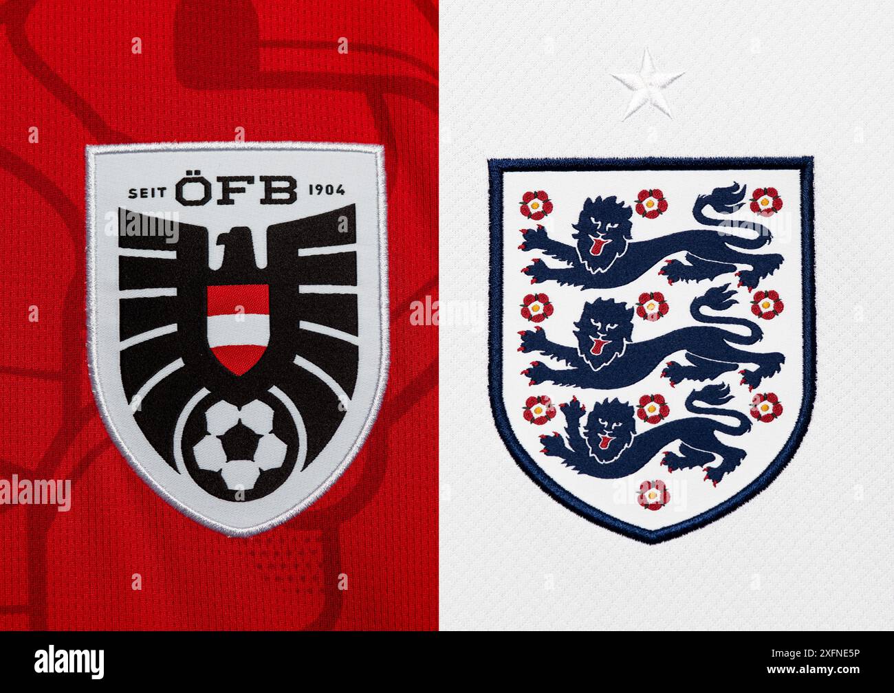 Close up of National Football team crest on home kit. UEFA EURO 2024 ...
