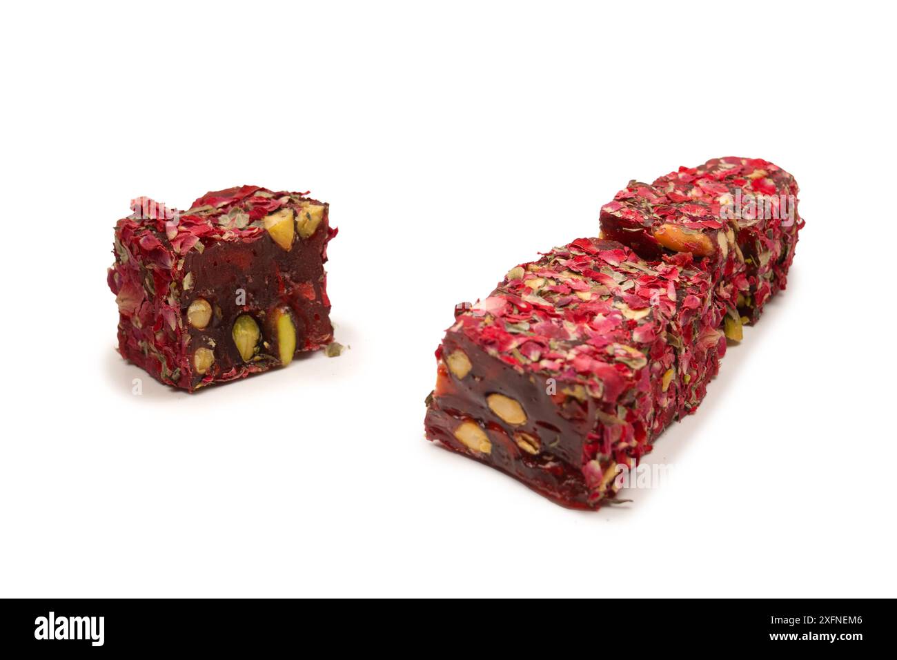 Sweet roll with roses and nuts, turkish sweets. Turkish rahat isolated ...