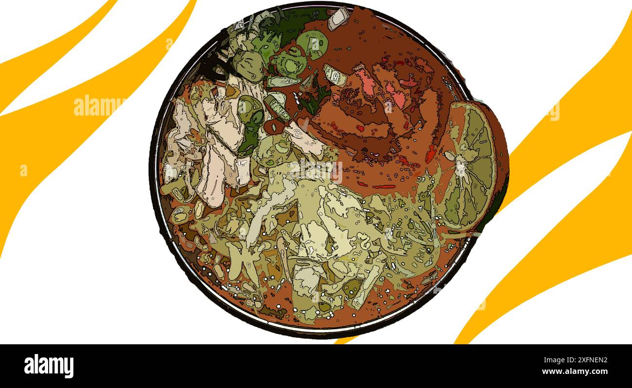 An illustration of a dish called Soto Ayam or chicken soup as it is ...