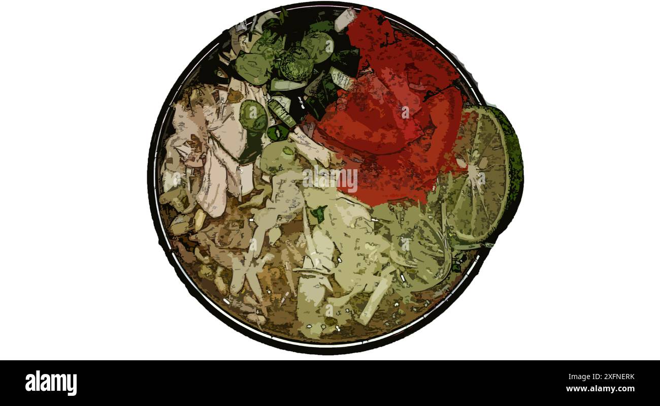 An illustration of a dish called Soto Ayam or chicken soup as it is ...