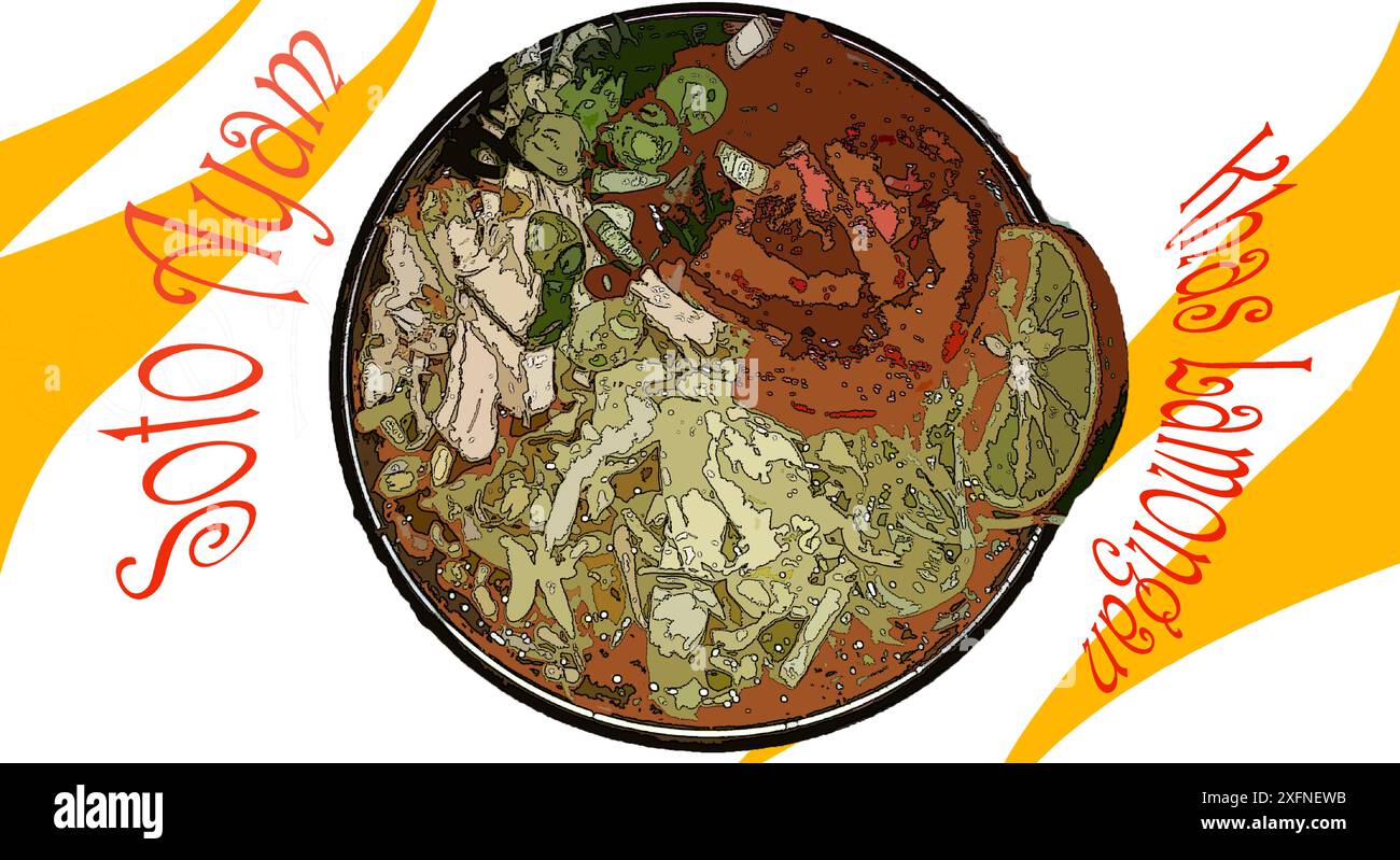 An illustration of a dish called Soto Ayam or chicken soup as it is ...