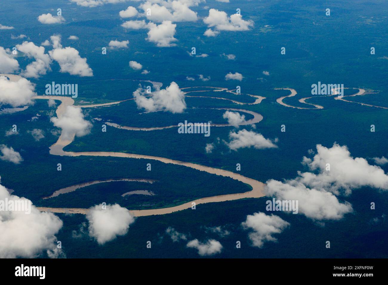 Aerial view of river meanders and forest around the Gunung Mulu ...